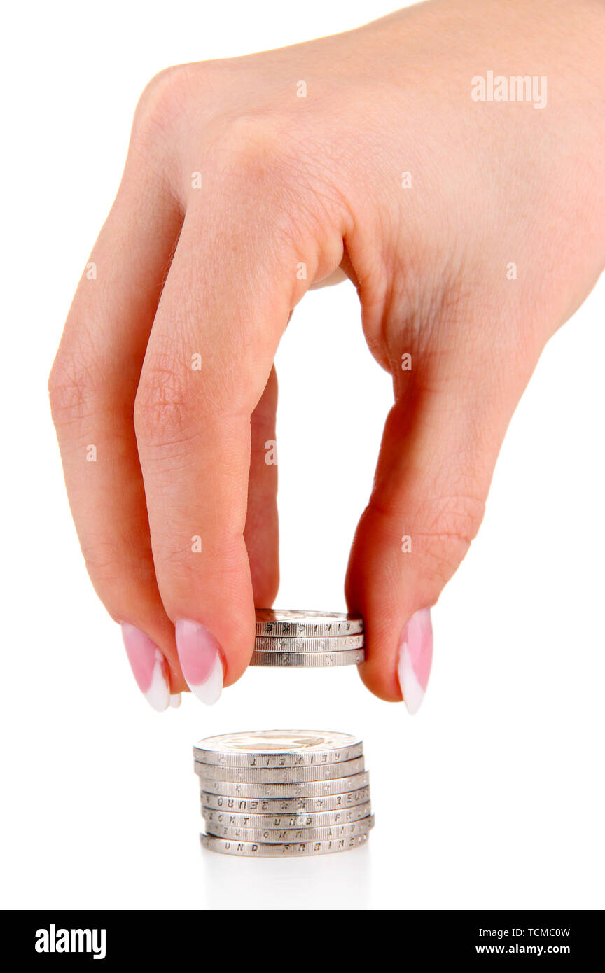 Woman hand with coins, isolated on white Stock Photo - Alamy
