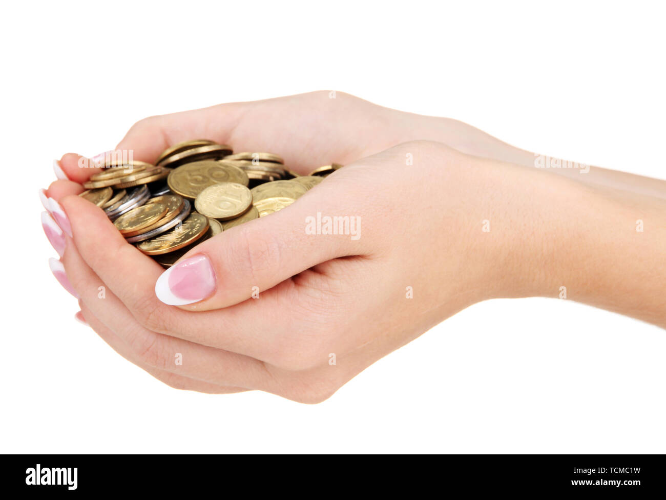 Woman hands with coins isolated on white Stock Photo - Alamy