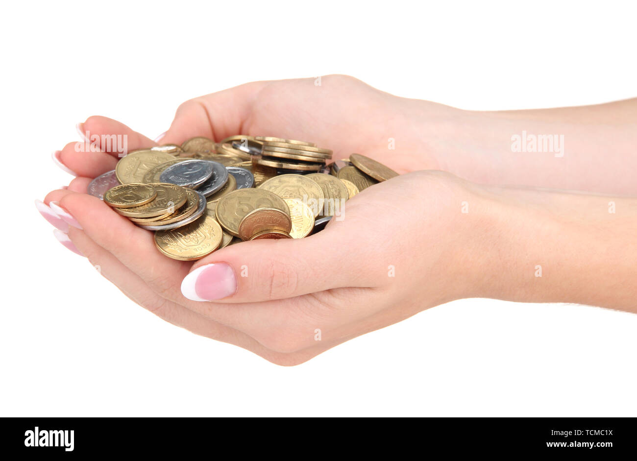 Woman hands with coins isolated on white Stock Photo - Alamy