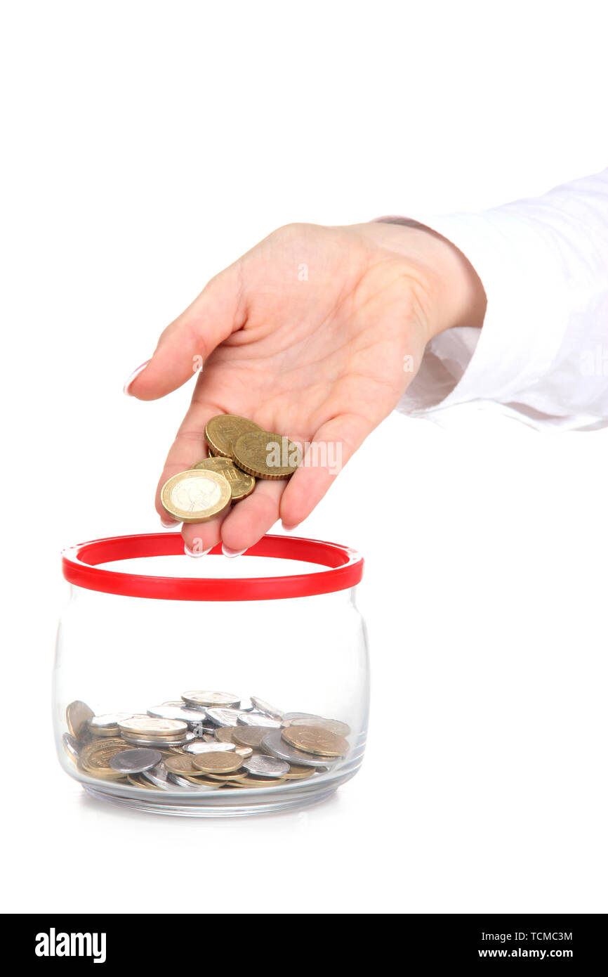 Woman hands with coins in glass jar isolated on white Stock Photo - Alamy