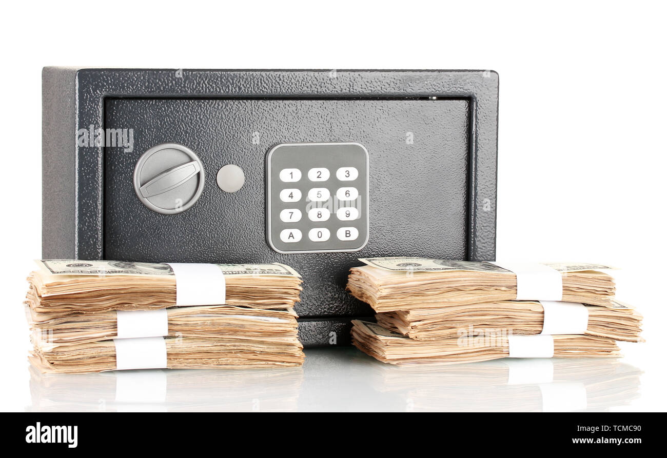 American dollars and safe isolated on white Stock Photo - Alamy