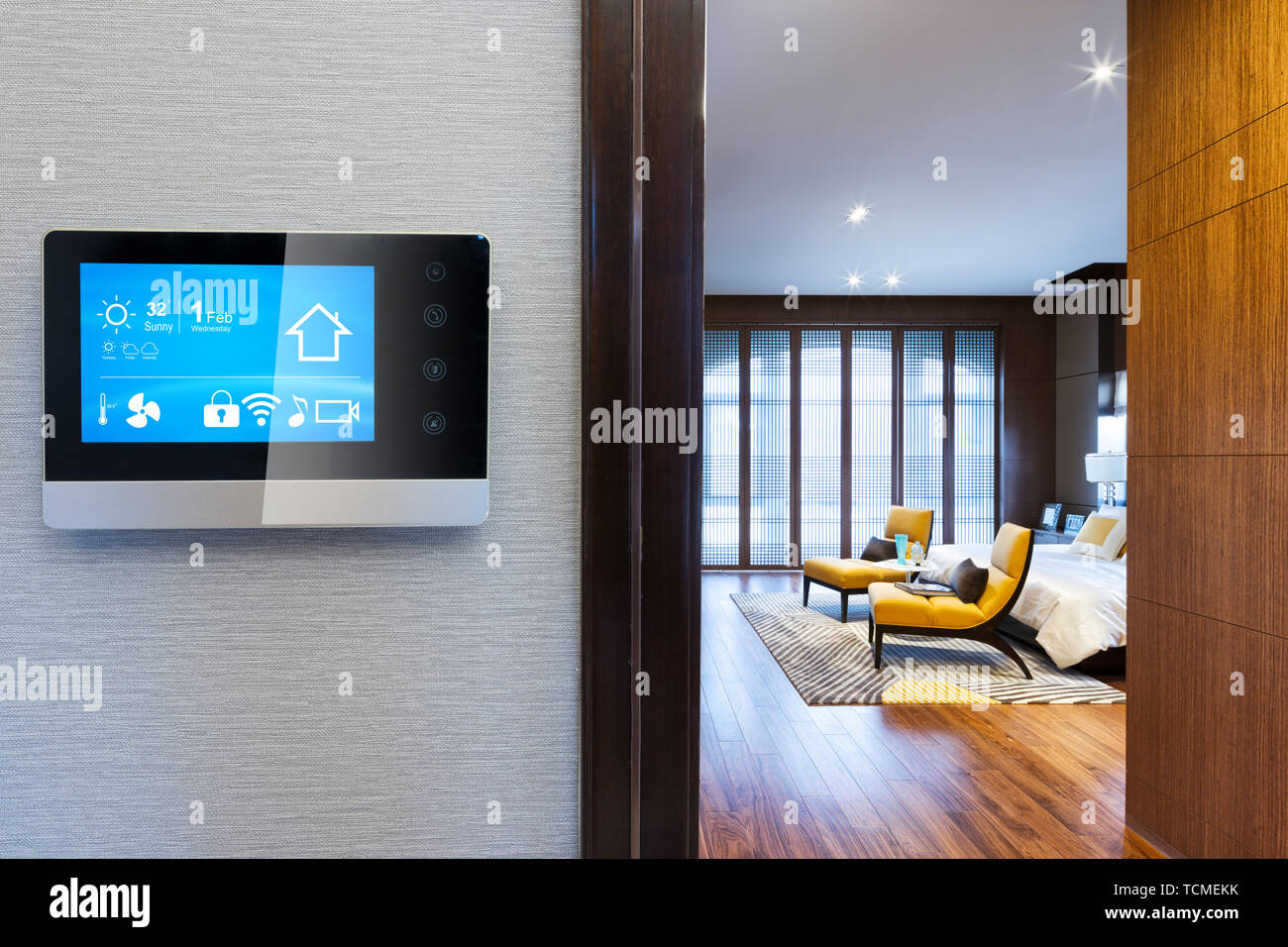 smart screen with smart home with modern bedroom Stock Photo - Alamy