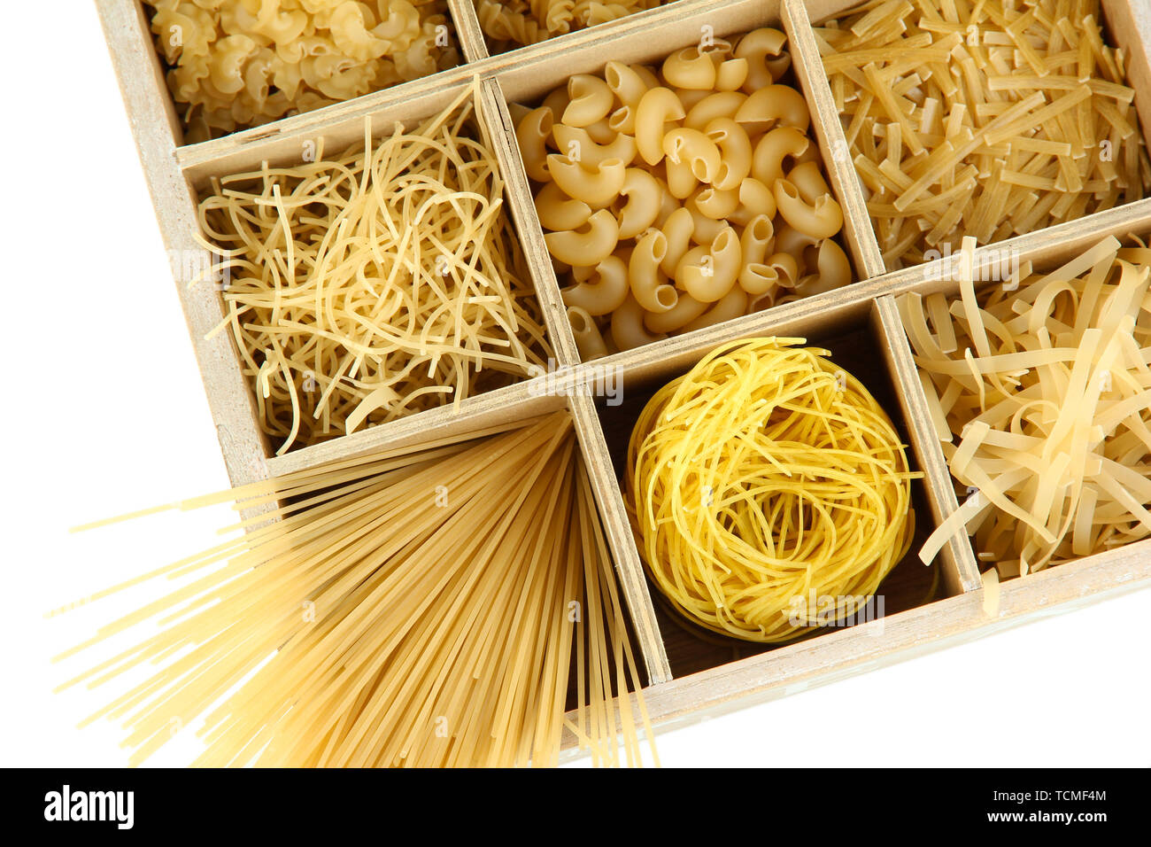 Nine types of pasta in wooden box sections close-up isolated on white ...