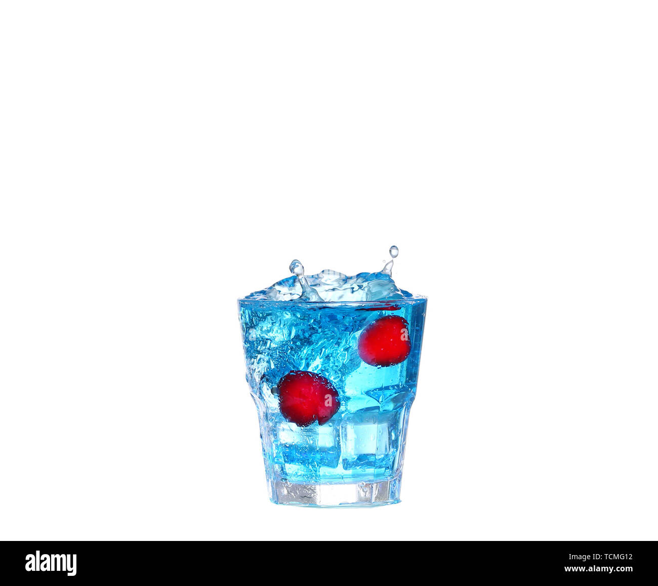 blue cocktail with cherry splash on white Stock Photo - Alamy