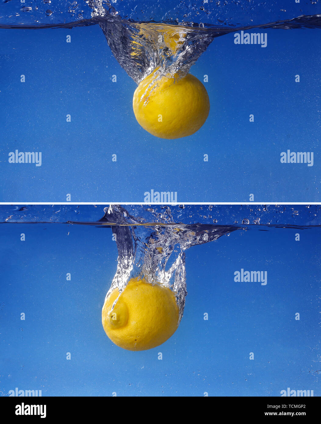 collage Whole lemon dropped in water against gradient blue background ...