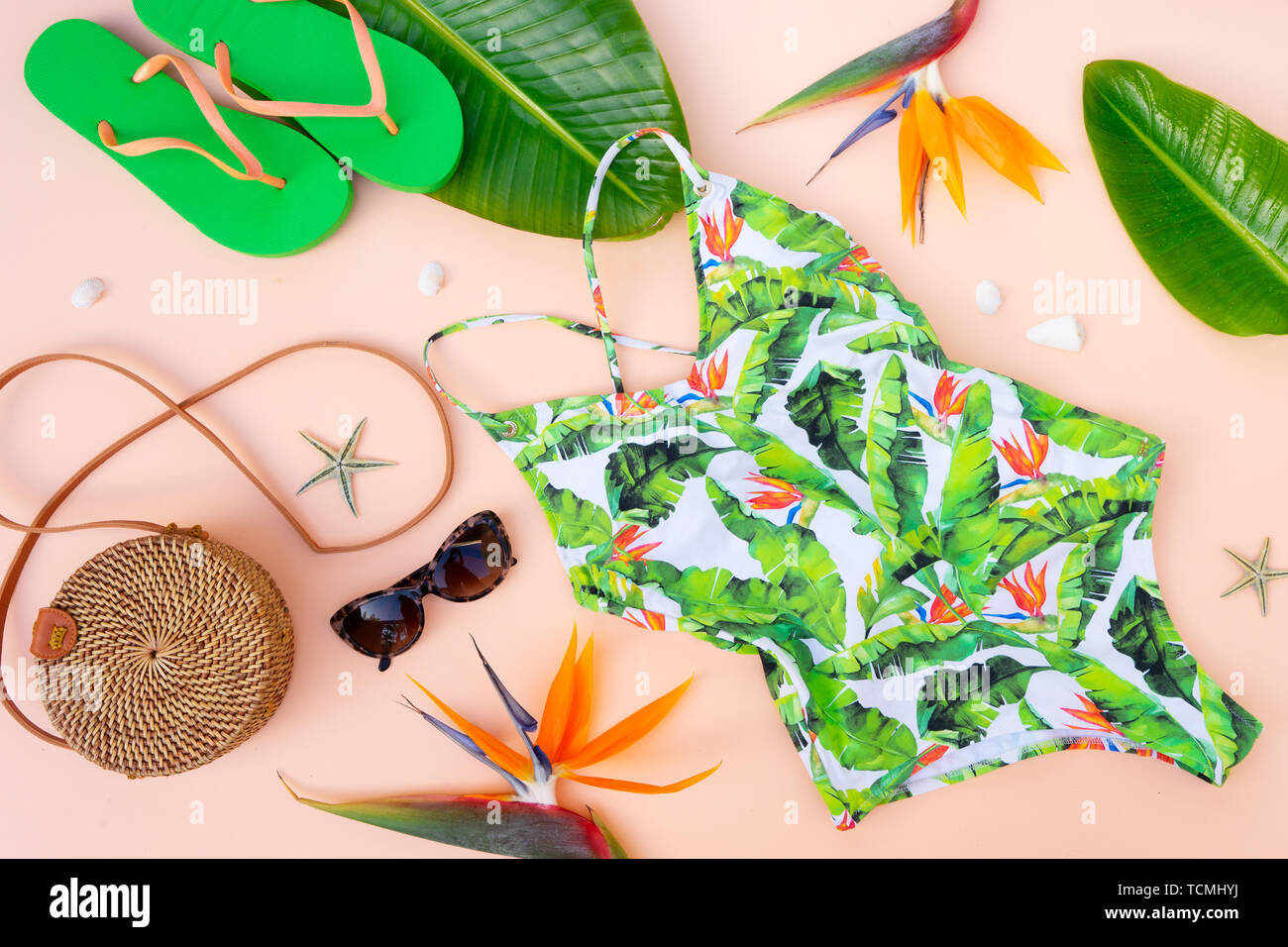 Summer flat lay scenery with swimsuit Stock Photo - Alamy