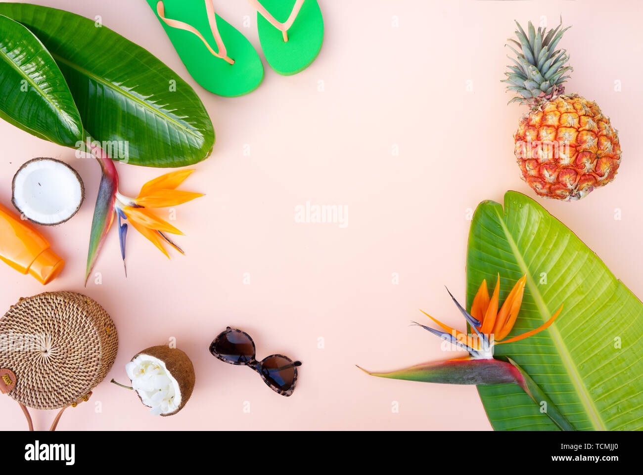 Summer flat lay scenery with strelizia flowers Stock Photo - Alamy