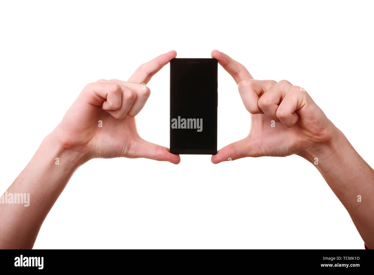 Mobile phone in male hand isolated on white background Stock Photo - Alamy