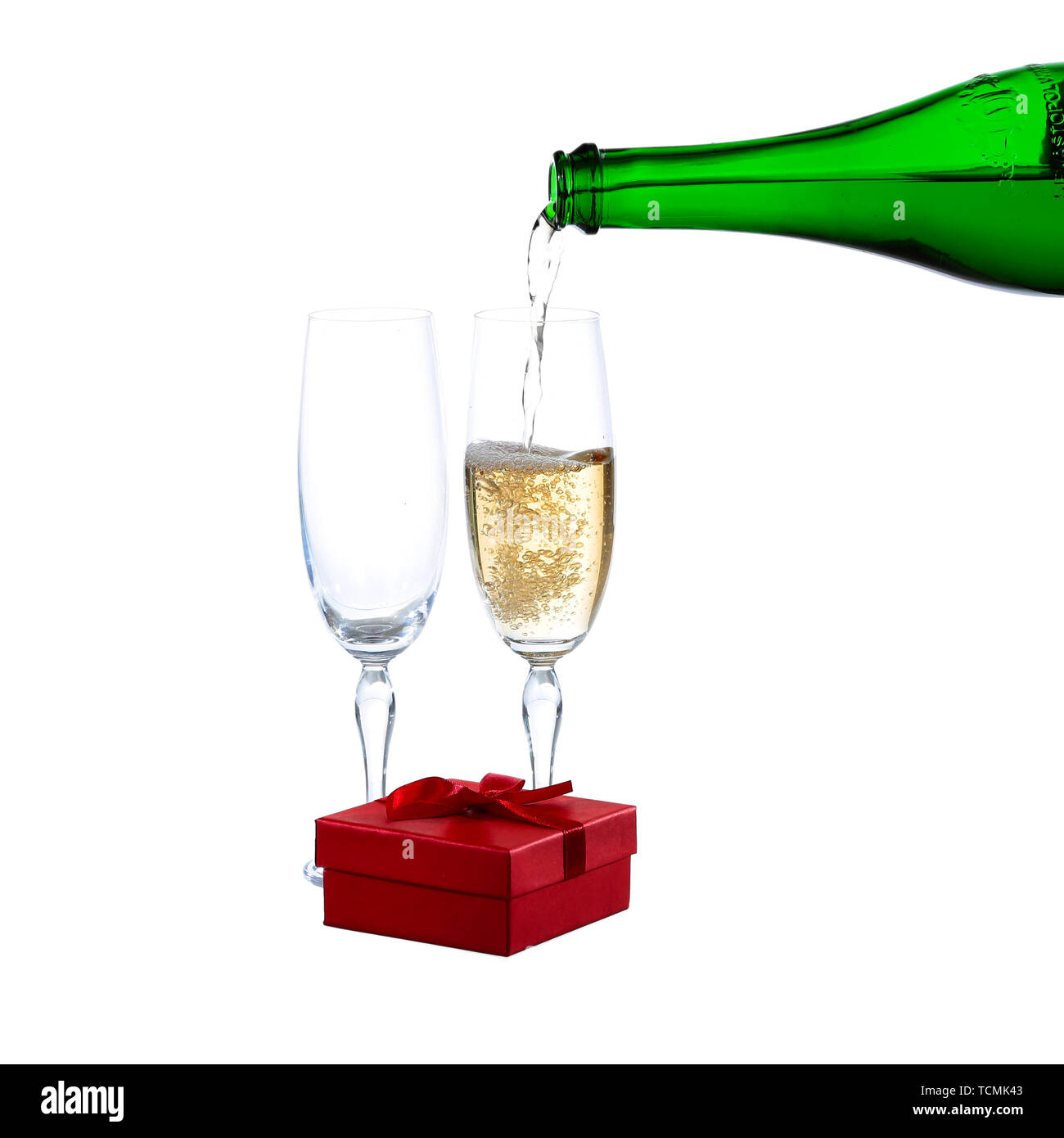 red box with glasses of champagne isolated on white Stock Photo - Alamy