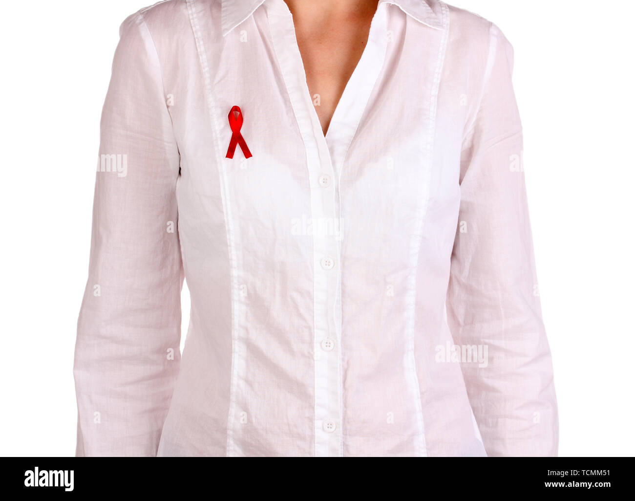 Woman with red ribbon on white shirt isolated on white Stock Photo - Alamy