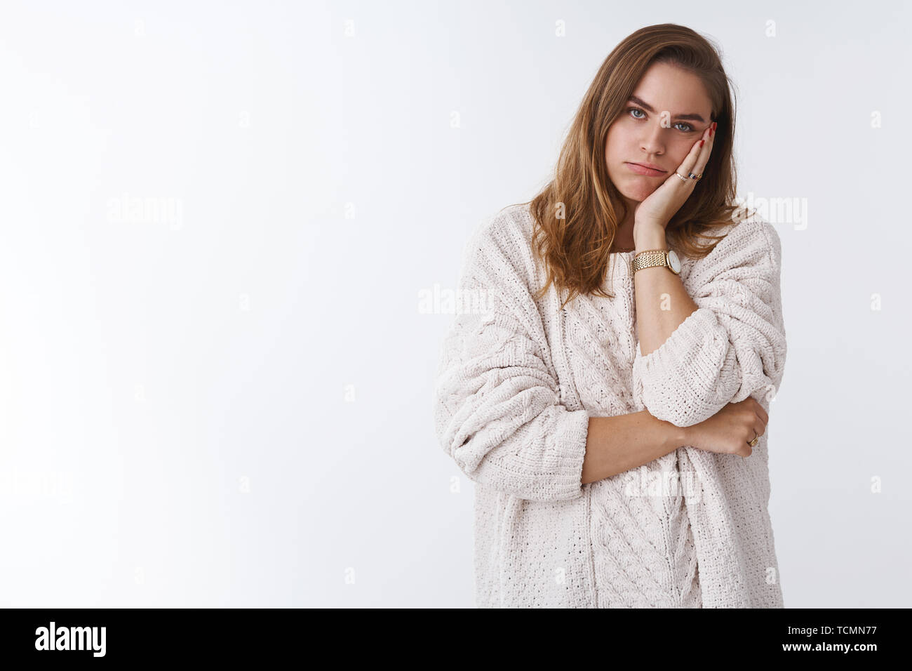 How boring. Portrait of sleepy tired annoyed woman listening boring ...