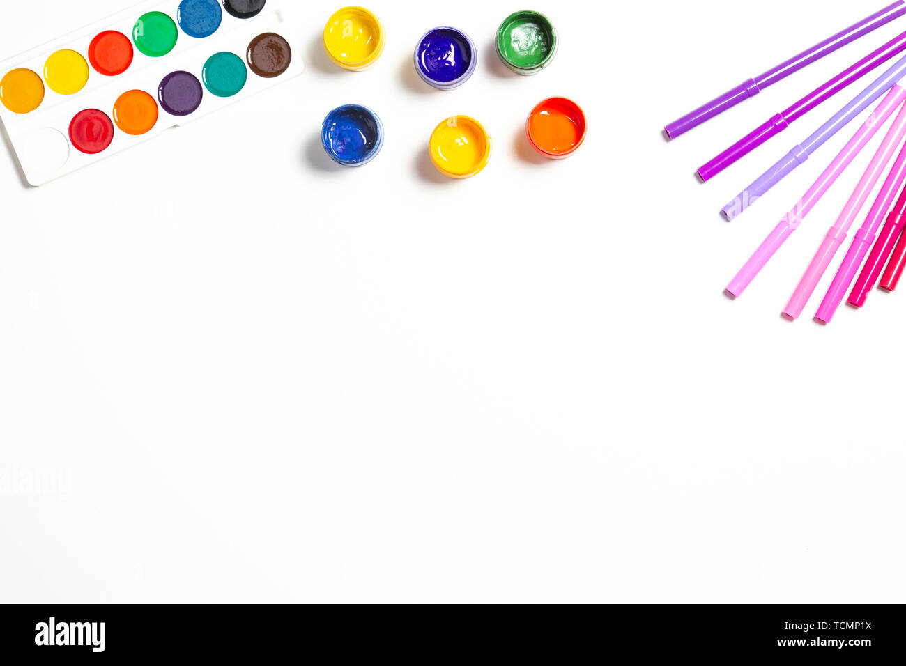 Creative background with art supplies on white background Stock Photo ...