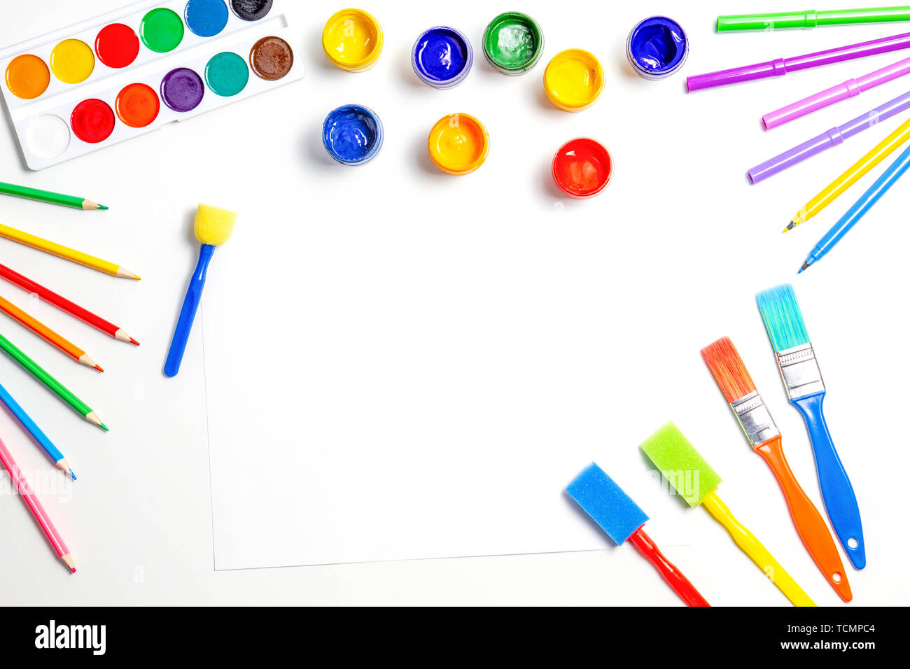 Creative background with art supplies on white background Stock Photo ...