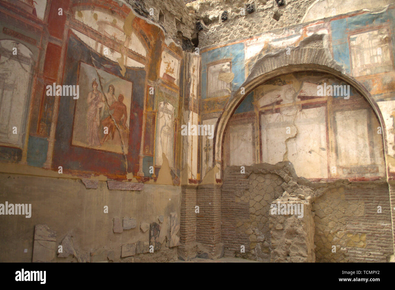 Detail of the mural paintings of a ruined house in Ercolano, Italy. The ...