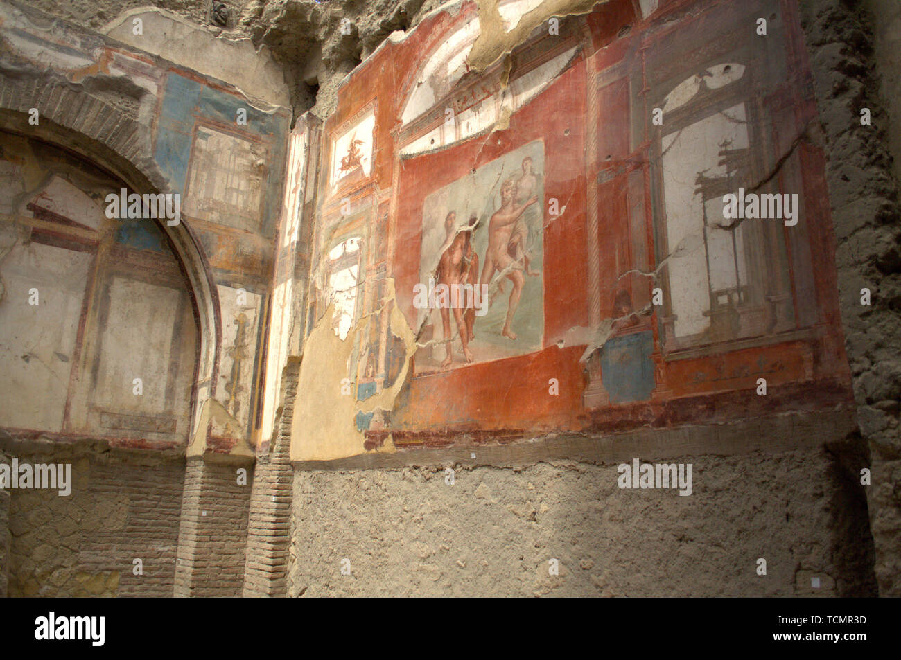 Detail of the mural paintings of a ruined house in Ercolano, Italy. The ...