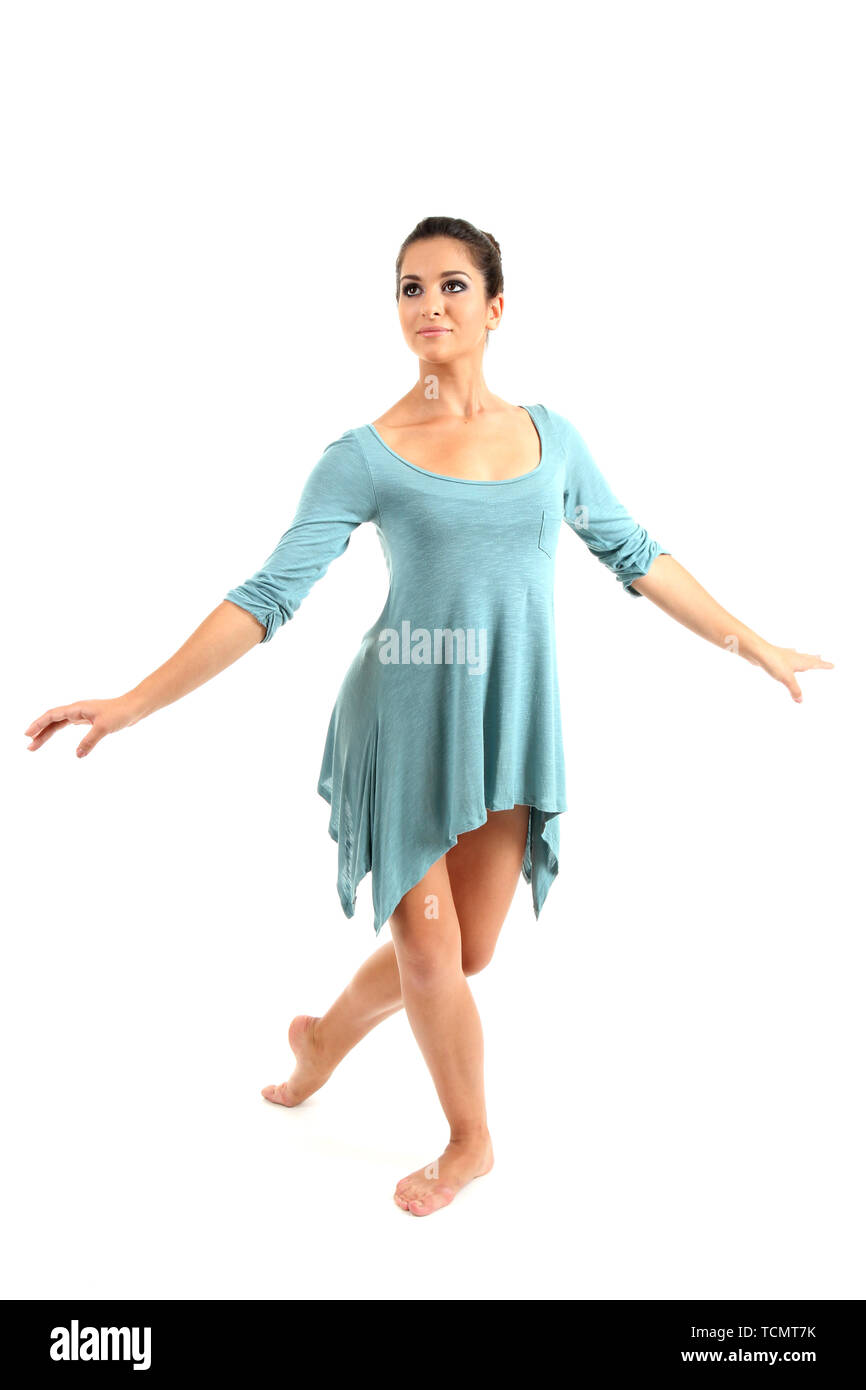 young beautiful dancer in a blue dress isolated on white Stock Photo ...