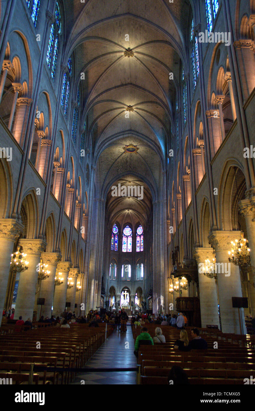 Interior view of the main nave of the Cathedral of Notre Dame, in Paris ...