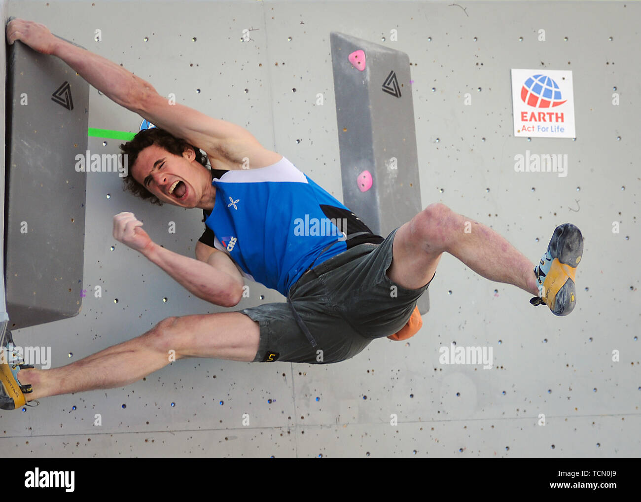June 8, 2019: Czech Republic's, Adam Ondra, celebrates topping a ...