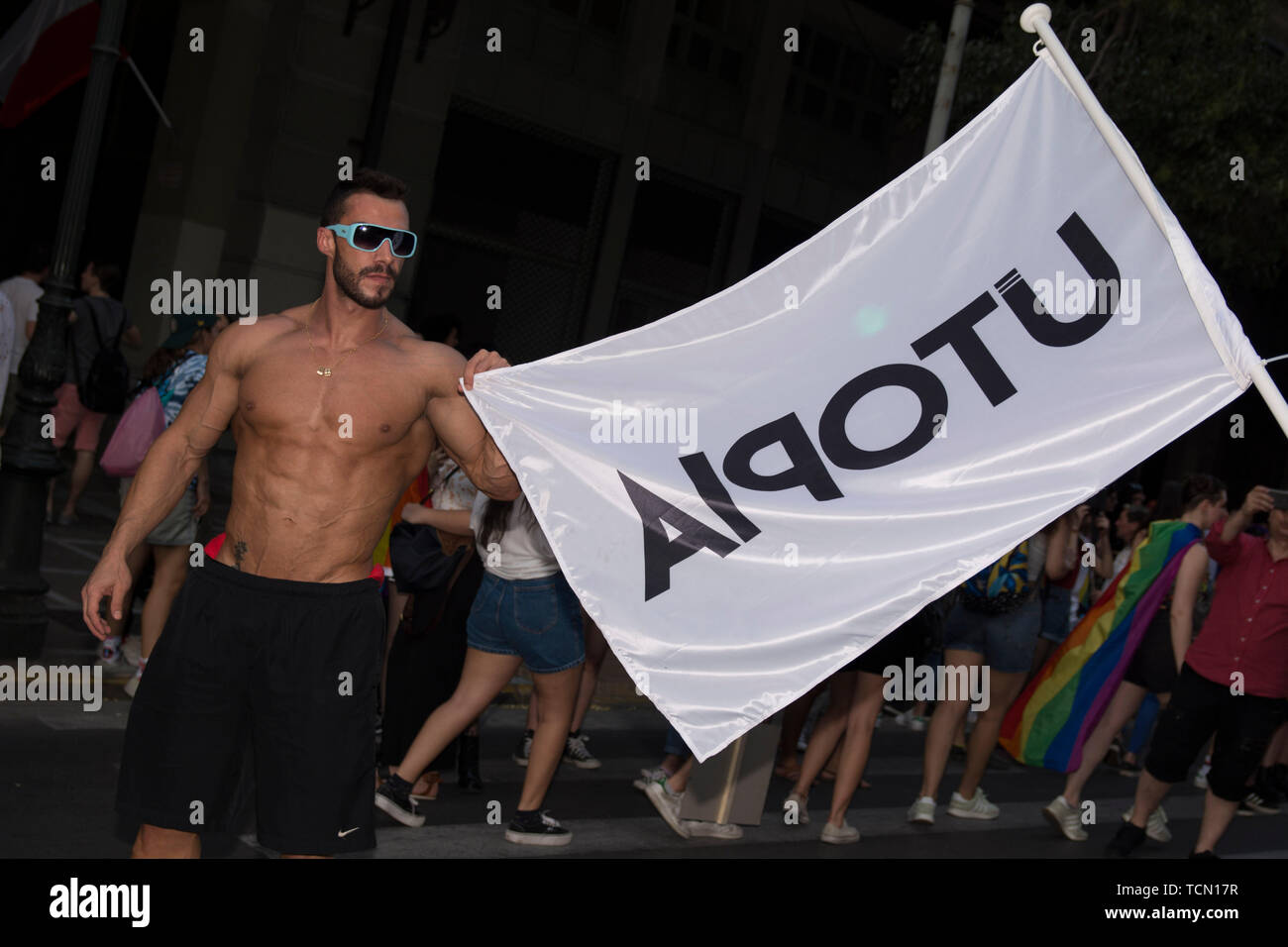 Athens, Greece. 8th June 2019. People march dancing, waving rainbow ...