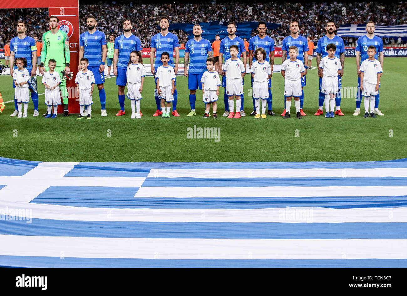 Athens, Greece. 8th June, 2019. Players of Greece line up for the ...