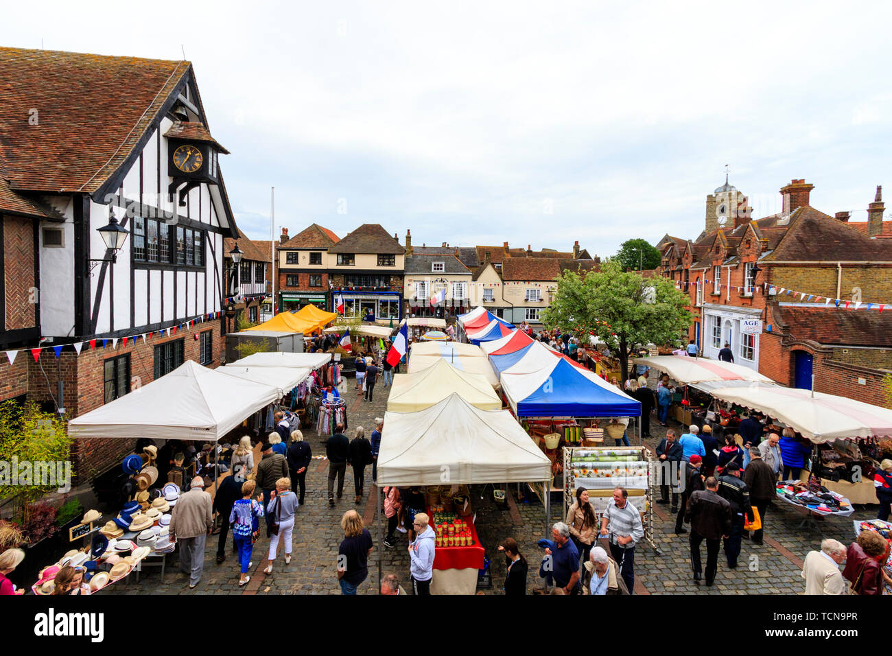 Le Weekend event French market at Sandwich, England. High angle view ...