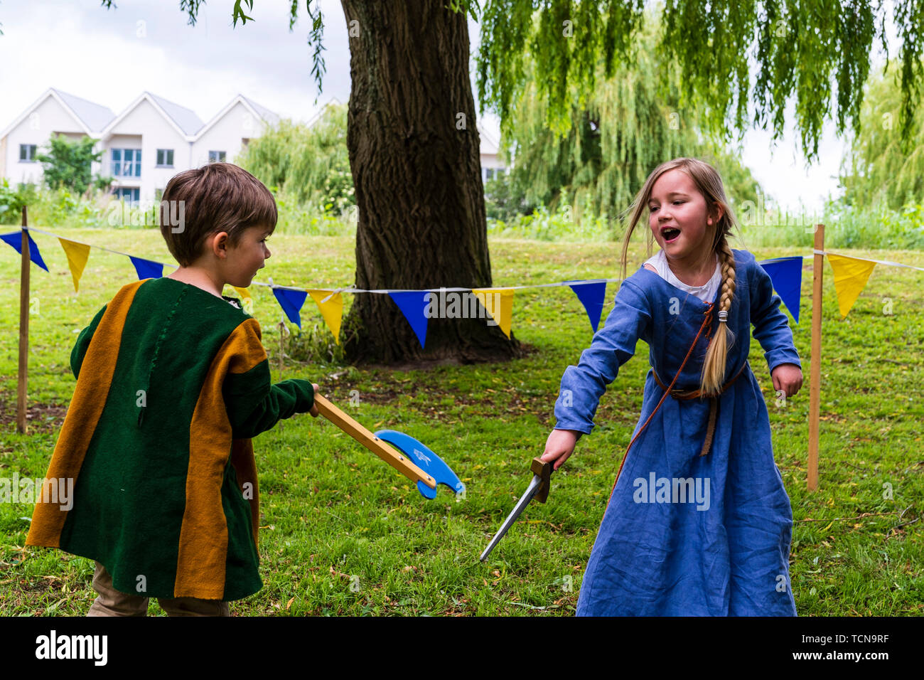Le Medieval Weekend event. Close up of two young children, boy, 4-5 ...