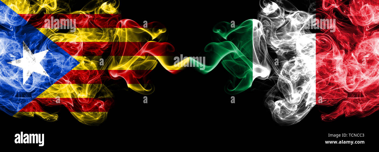 Catalonia vs Italy, Italian smoke flags placed side by side. Thick ...