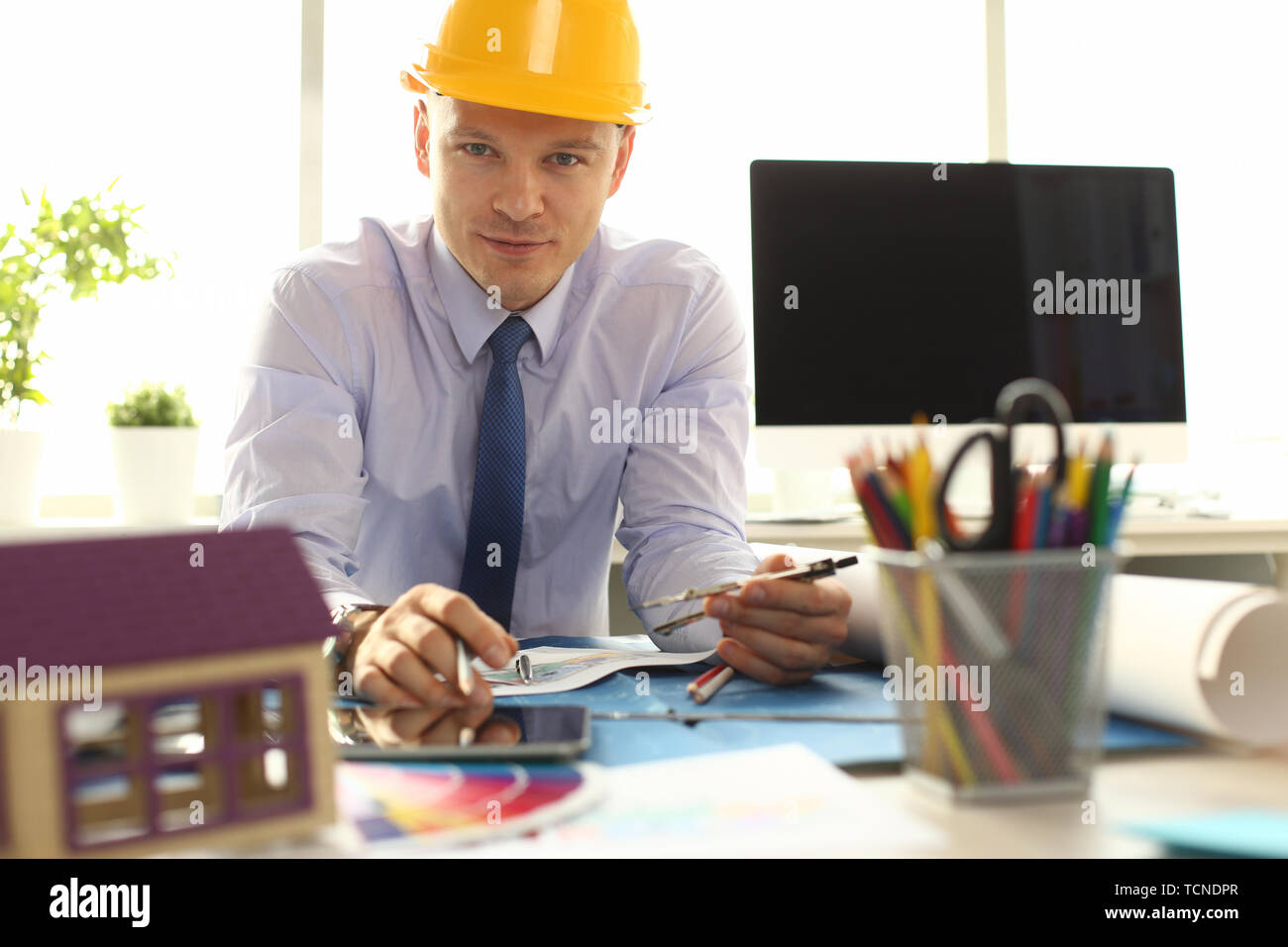 Confident Architect Designer Create Building Plan Stock Photo - Alamy