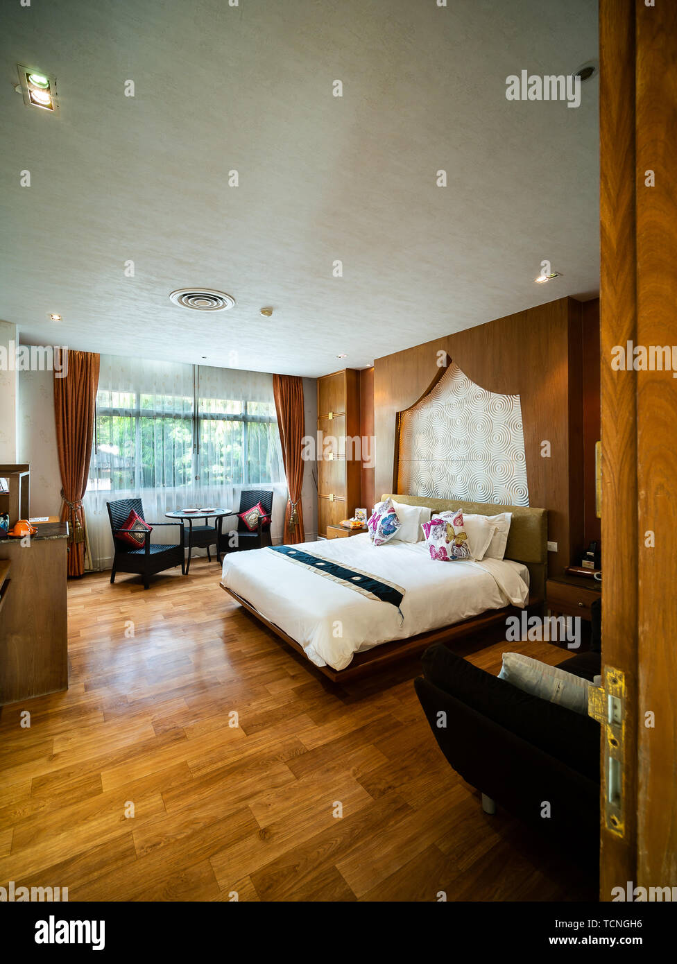 Luxury room with bed in warm light, Classic Europe style, room of hotel ...