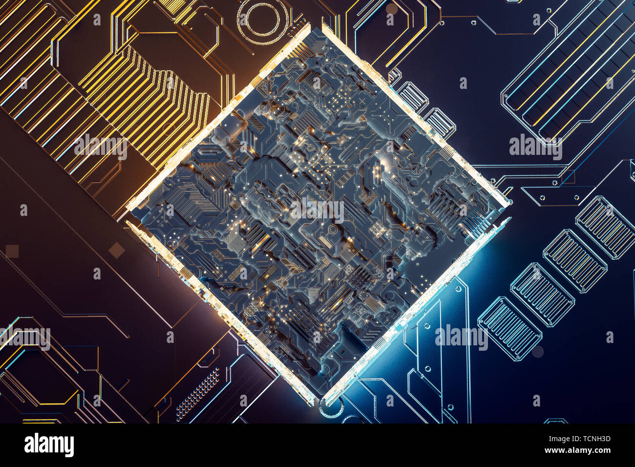 Three-dimensional rendering, circuit board with gold luminescent chip ...