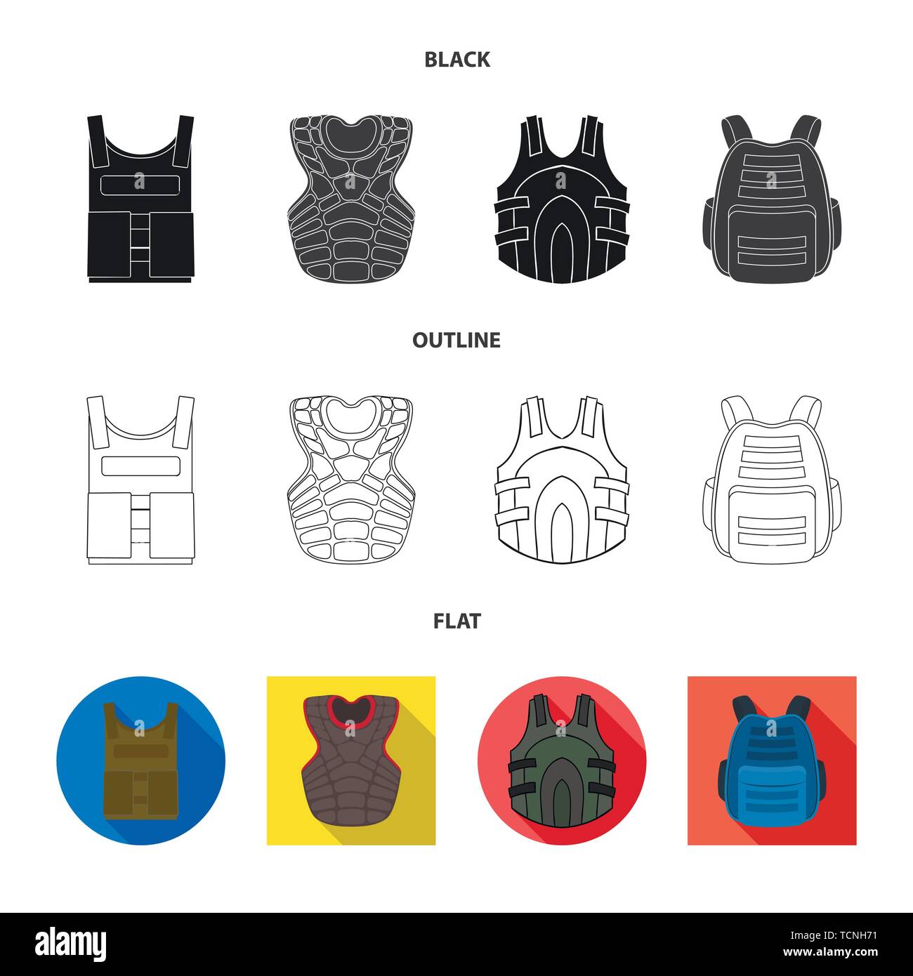 Vector illustration of flak and jacket logo. Set of flak and body stock ...