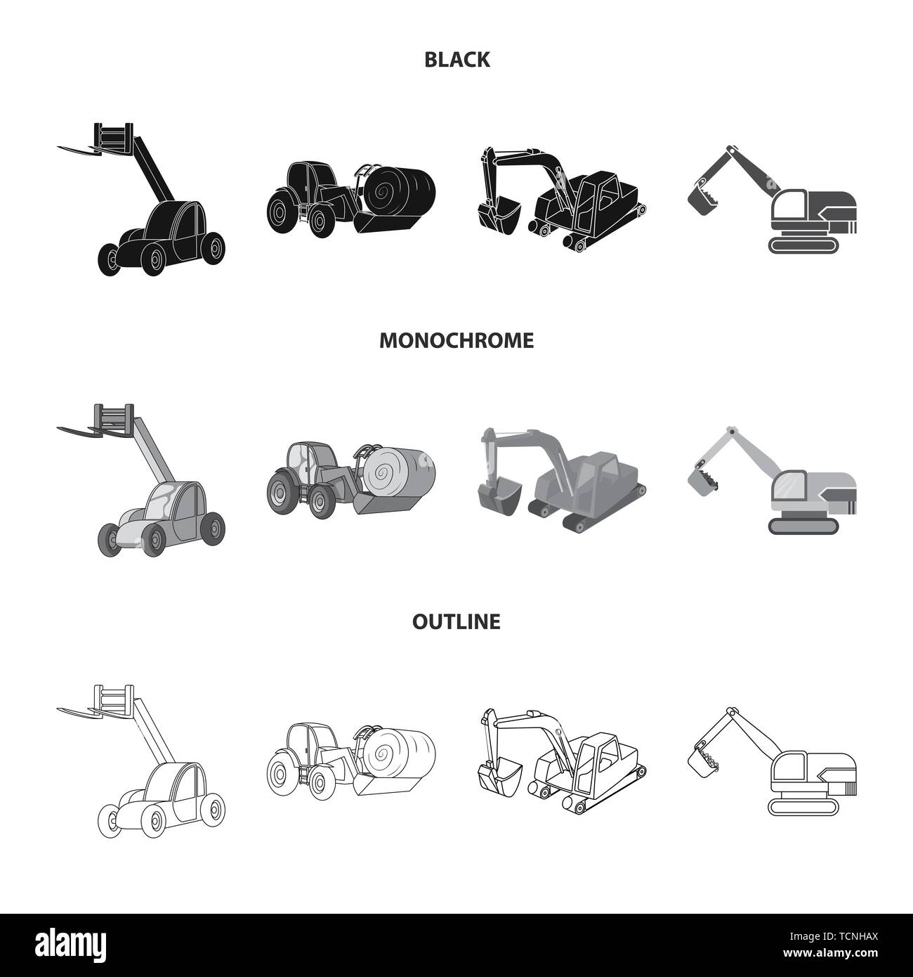 Vector illustration of front and excavator icon. Set of front and ...