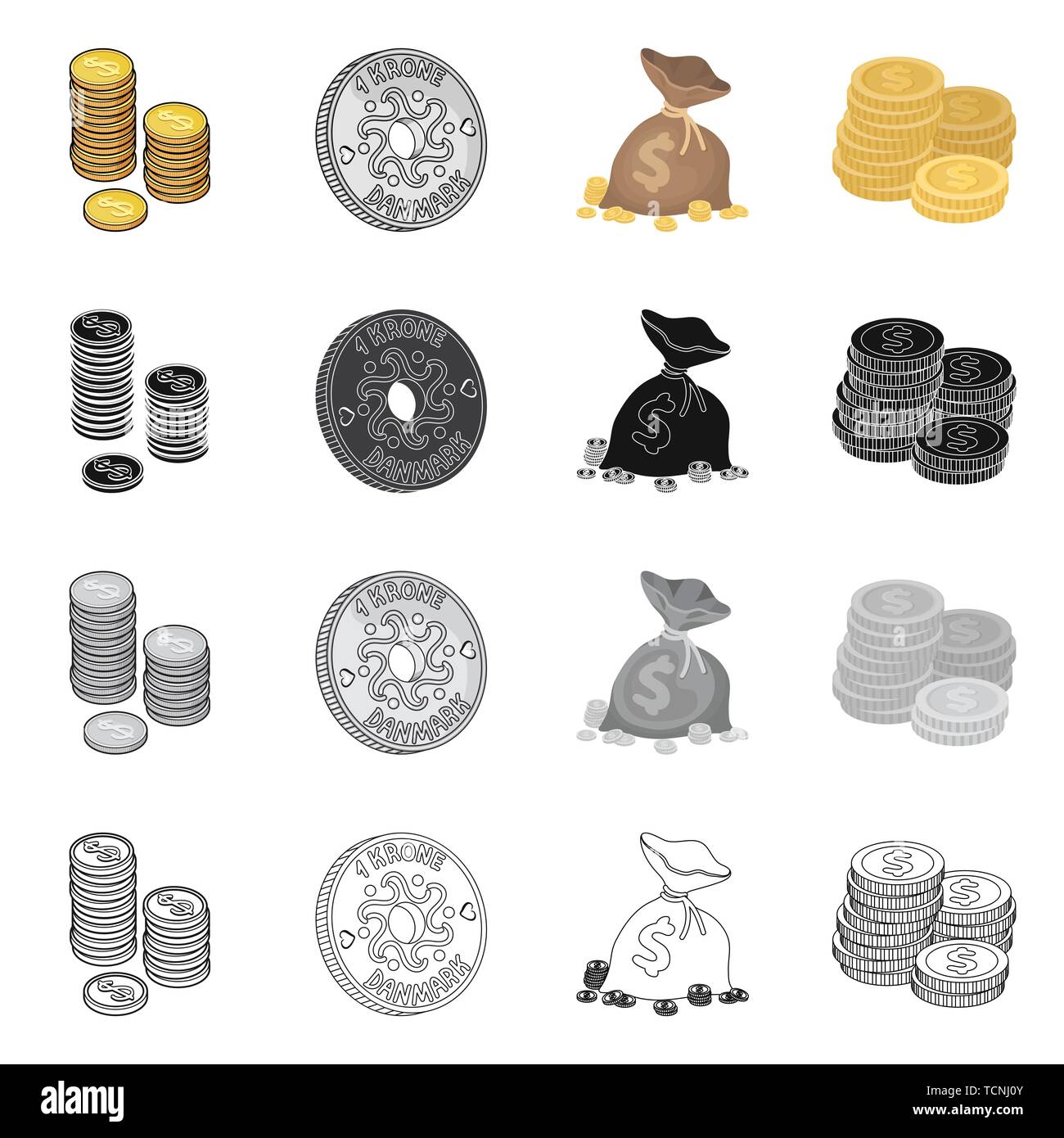 Vector illustration of coin and treasure sign. Set of coin and money ...