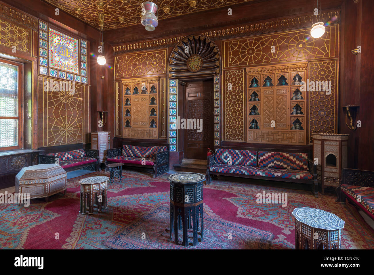 Manial Palace of Prince Mohammed Ali. Guests Hall with wooden ornate ...