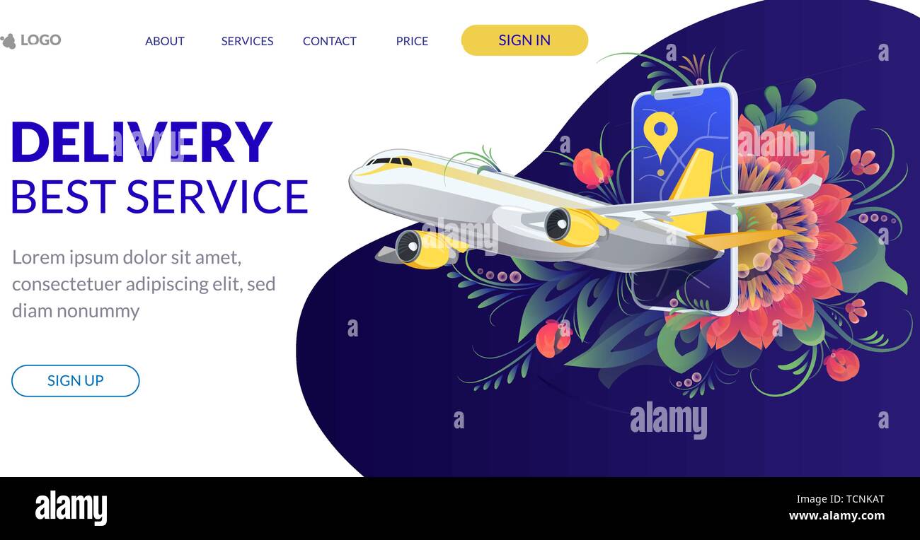 Web page design template for project delivery, transport, airplane ...