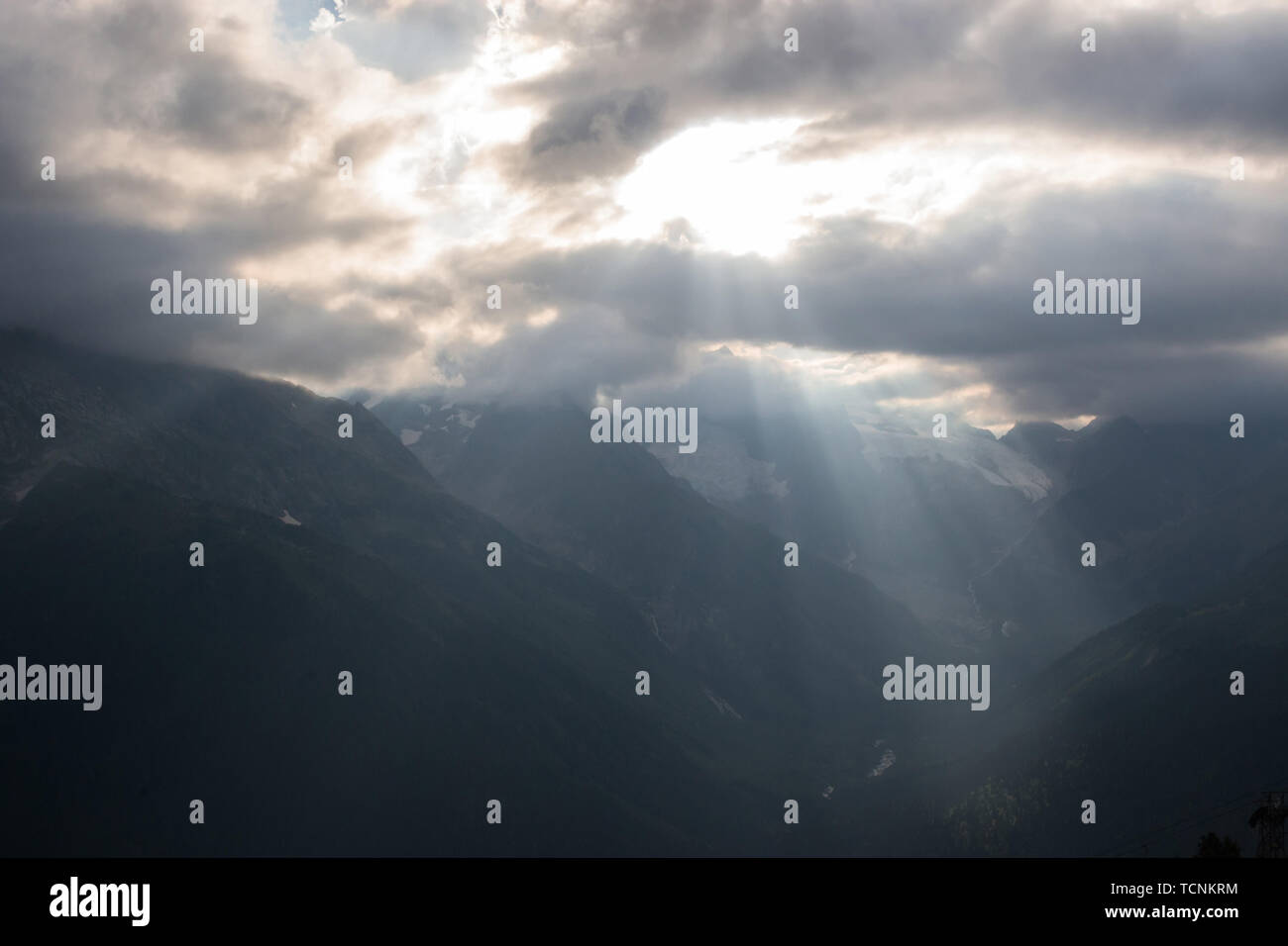 Panorama of misty mountains scene with dramatic blue sky in national ...