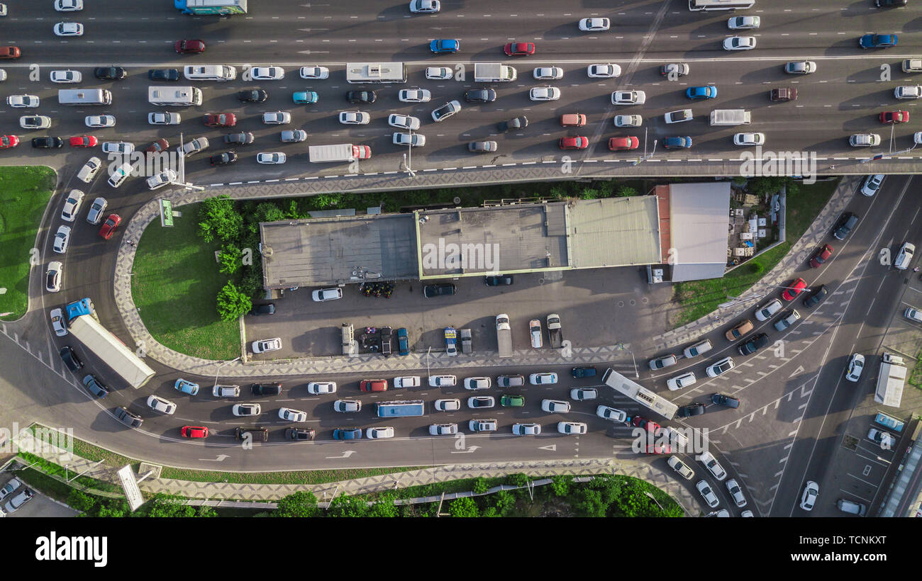 Drones Eye View - urban traffic jam top view, transportation concept ...
