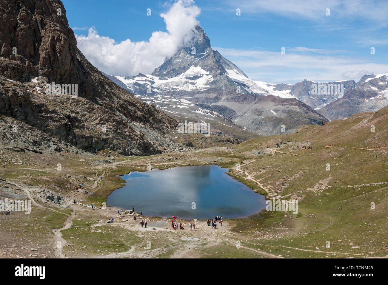 Panorama of Riffelsee lake and Matterhorn mountain, scene in national ...
