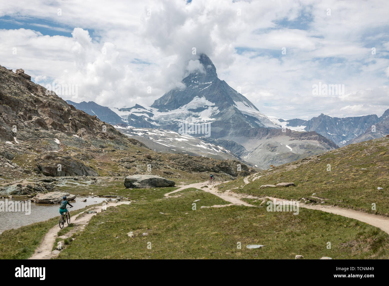 Panorama of Riffelsee lake and Matterhorn mountain, scene in national ...