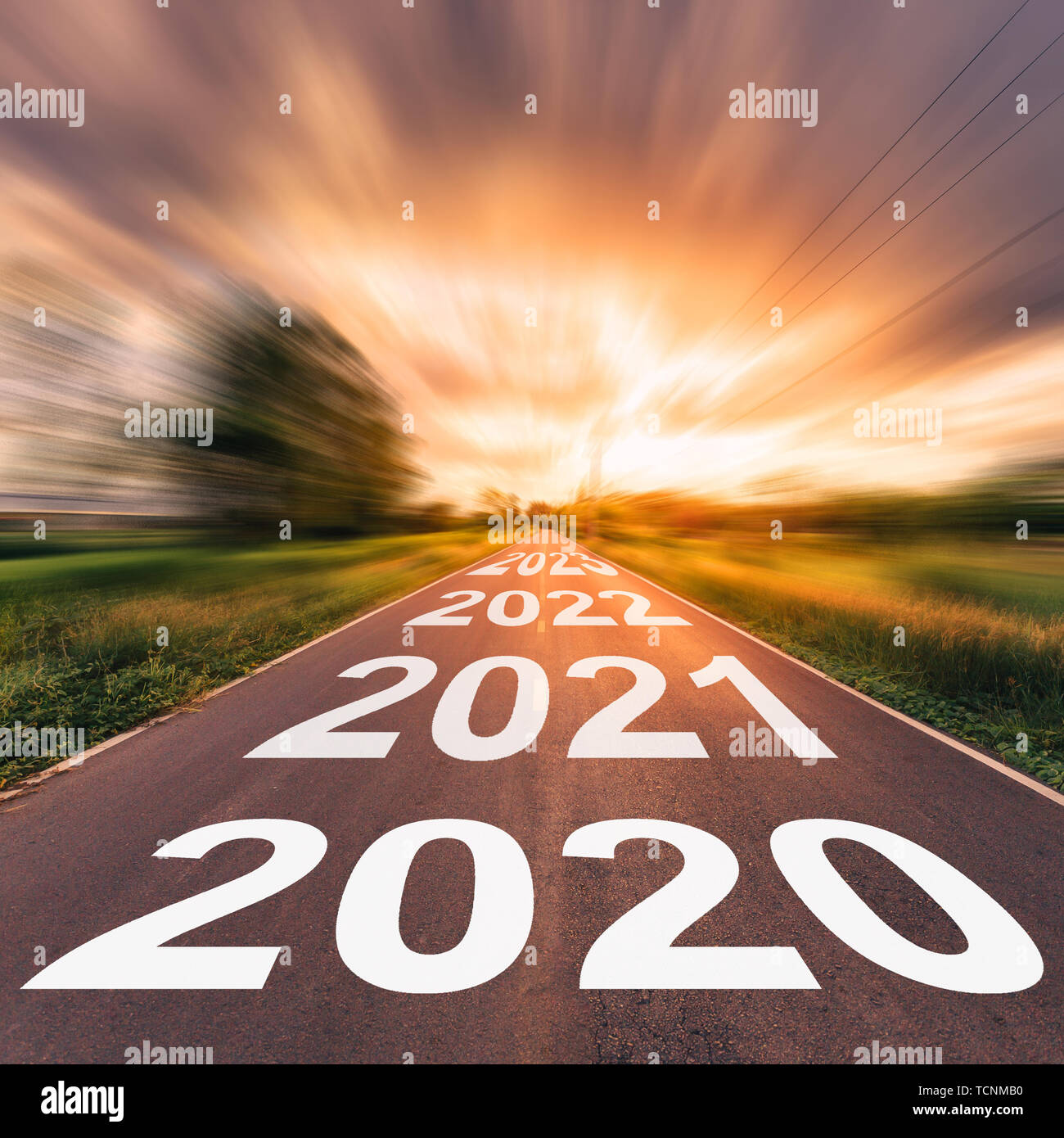 Empty asphalt road and New year 2020 concept. Driving on an empty road ...