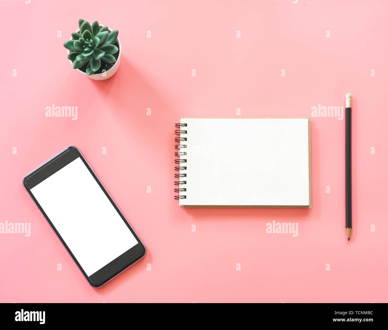 Flat lay mockup design of workspace desk with blank notebook ...