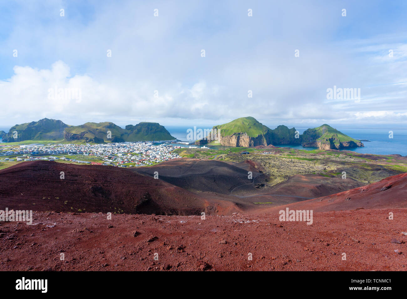 Heimaey town aerial view from Eldfell volcano. Iceland landscape ...