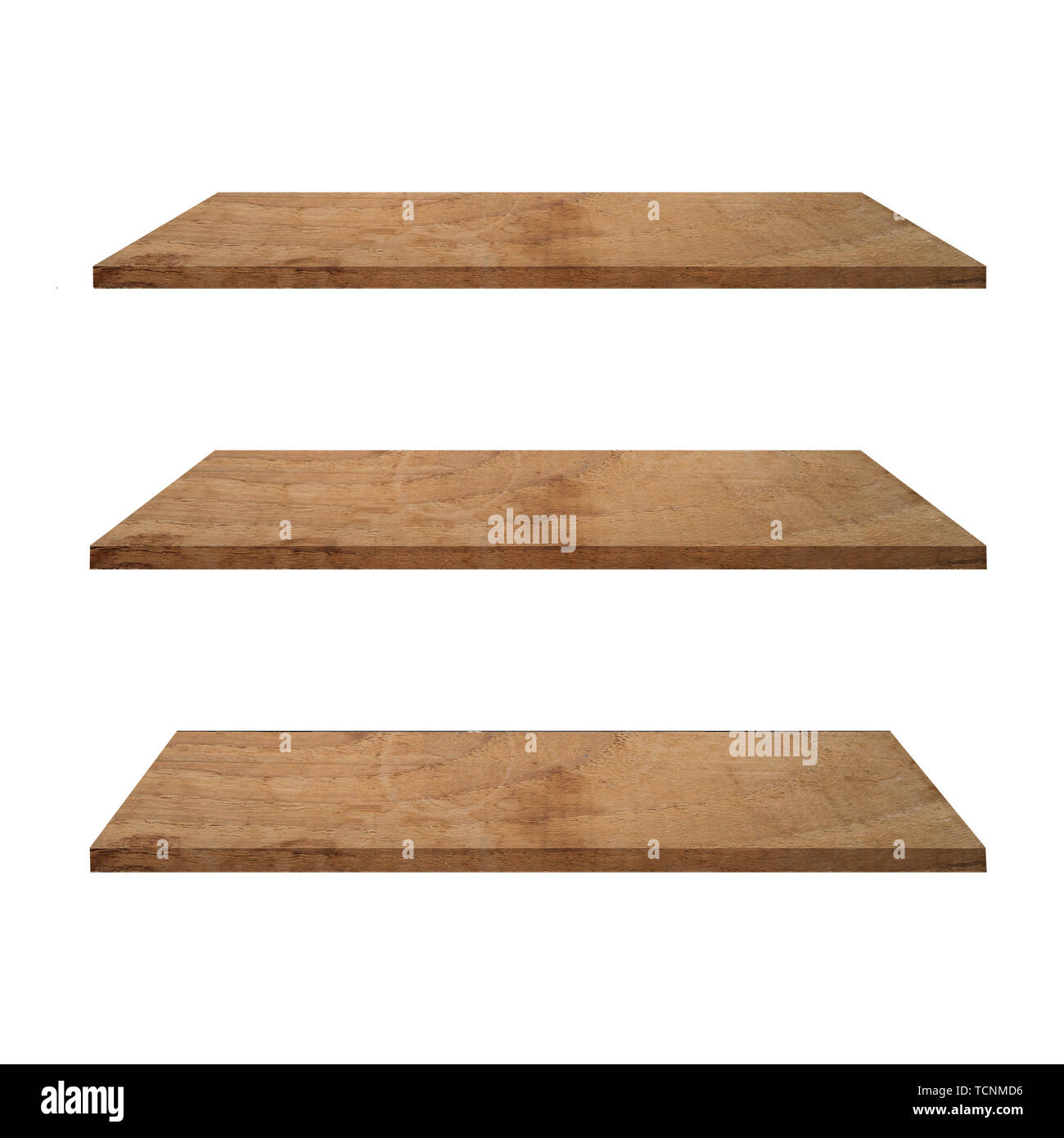 3 Wood shelves table isolated on white background and display montage ...