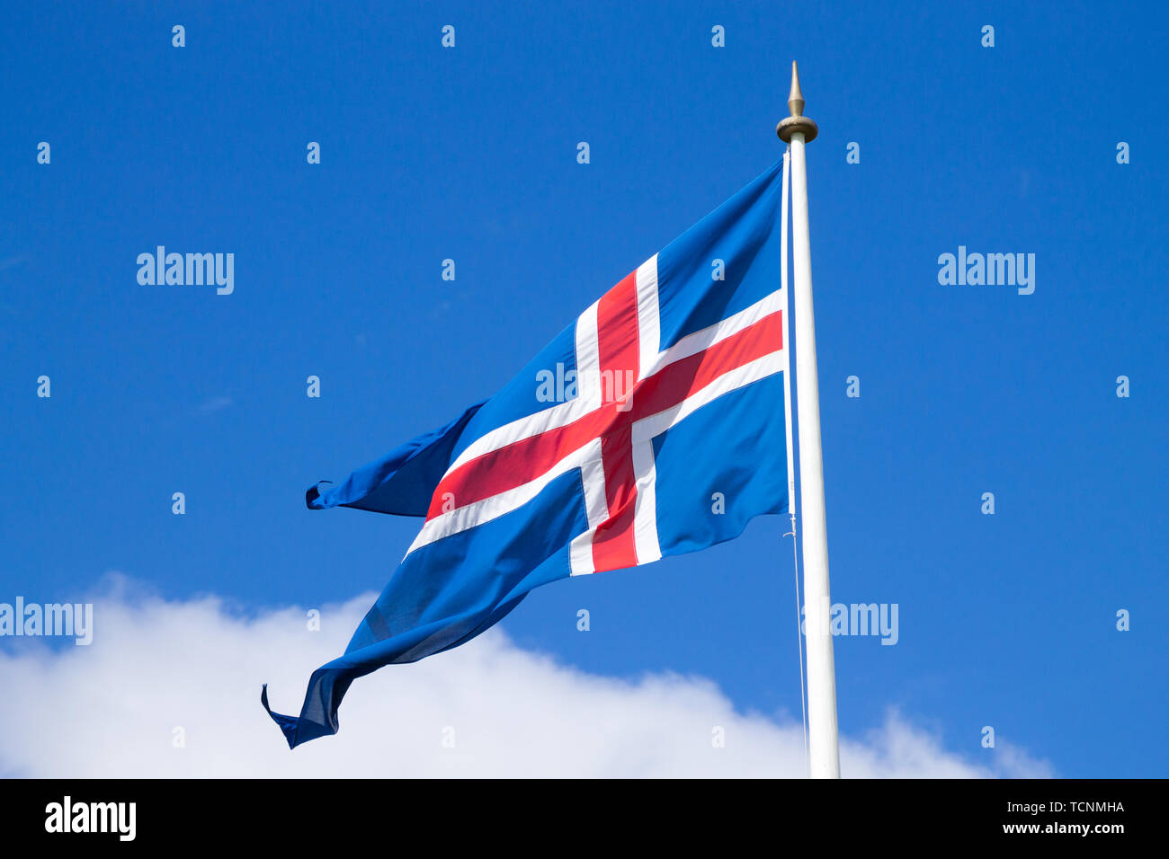 Iceland flag that waves in wind, Icelandic flag view Stock Photo - Alamy