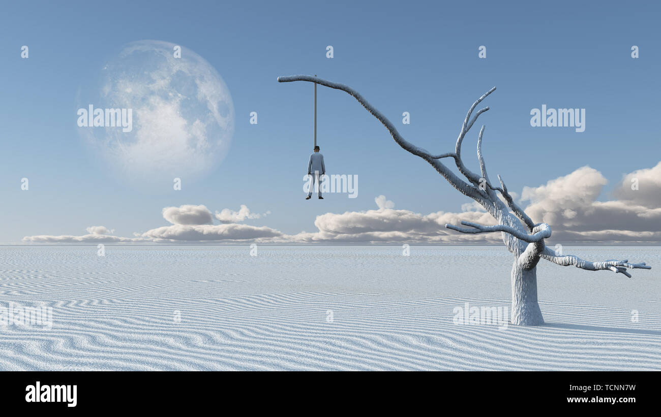 Man hangs from limb of large withered tree in desolate desert Stock ...