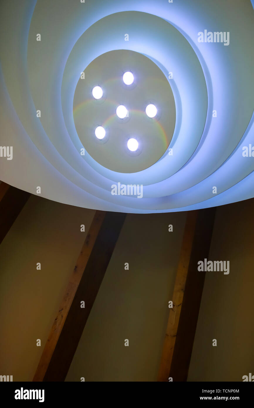Big blue modern oval ceiling, detail of interior, background Stock ...