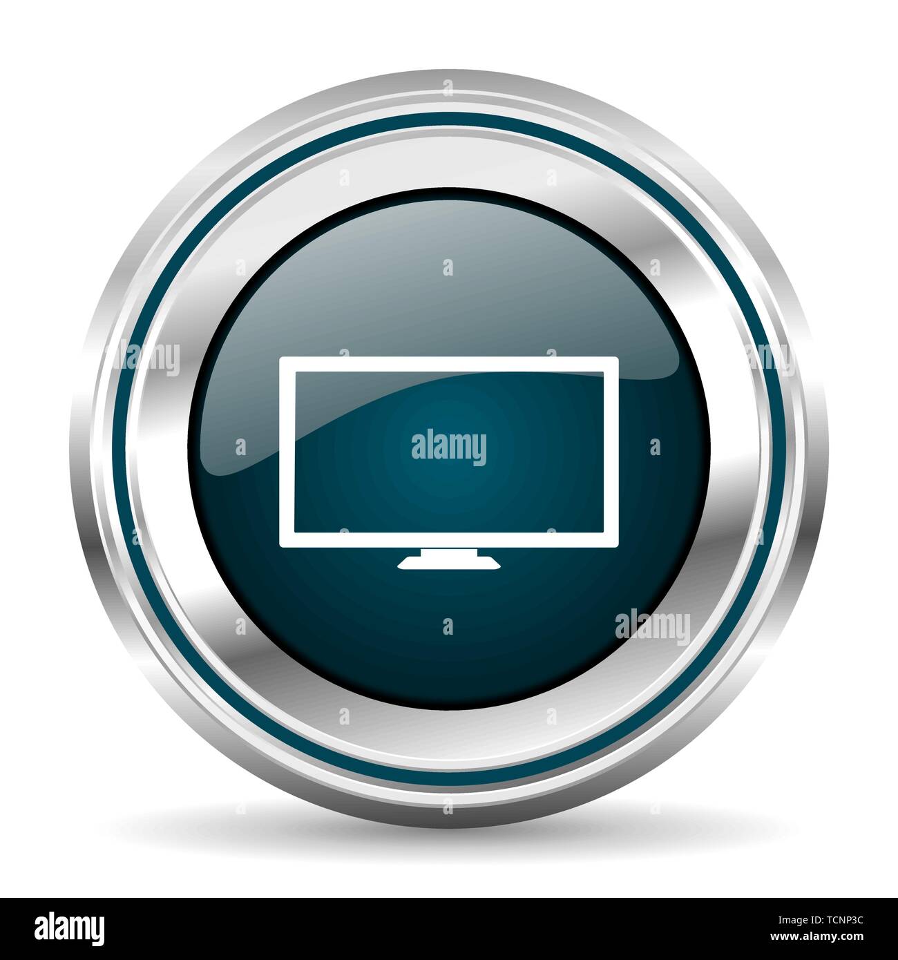 Screen, tv vector icon. Chrome border round web button. Silver metallic ...