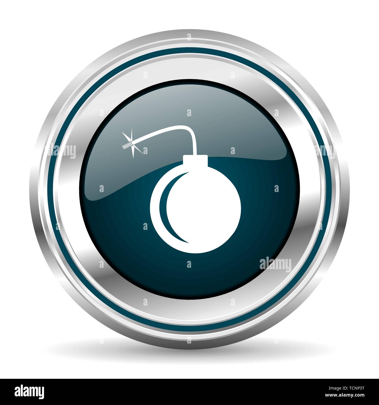 Bomb vector icon. Chrome border round web button. Silver metallic ...