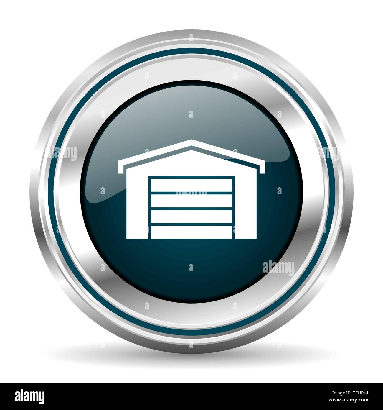 Garage building vector icon. Chrome border round web button. Silver ...