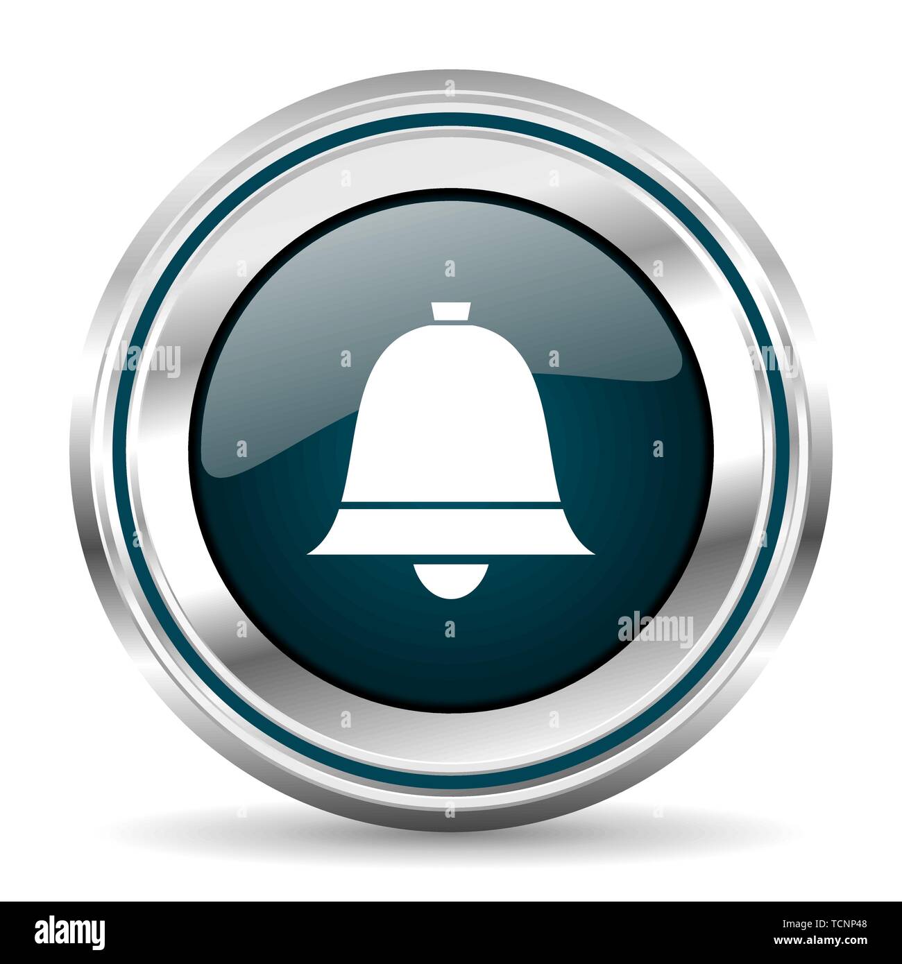Bell, ring, alarm vector icon. Chrome border round web button. Silver ...